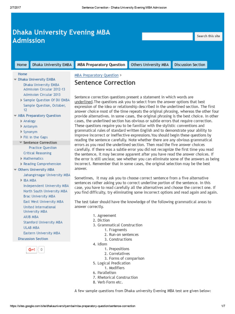 Sentence Correction - Dhaka University Evening MBA Admission | PDF ...