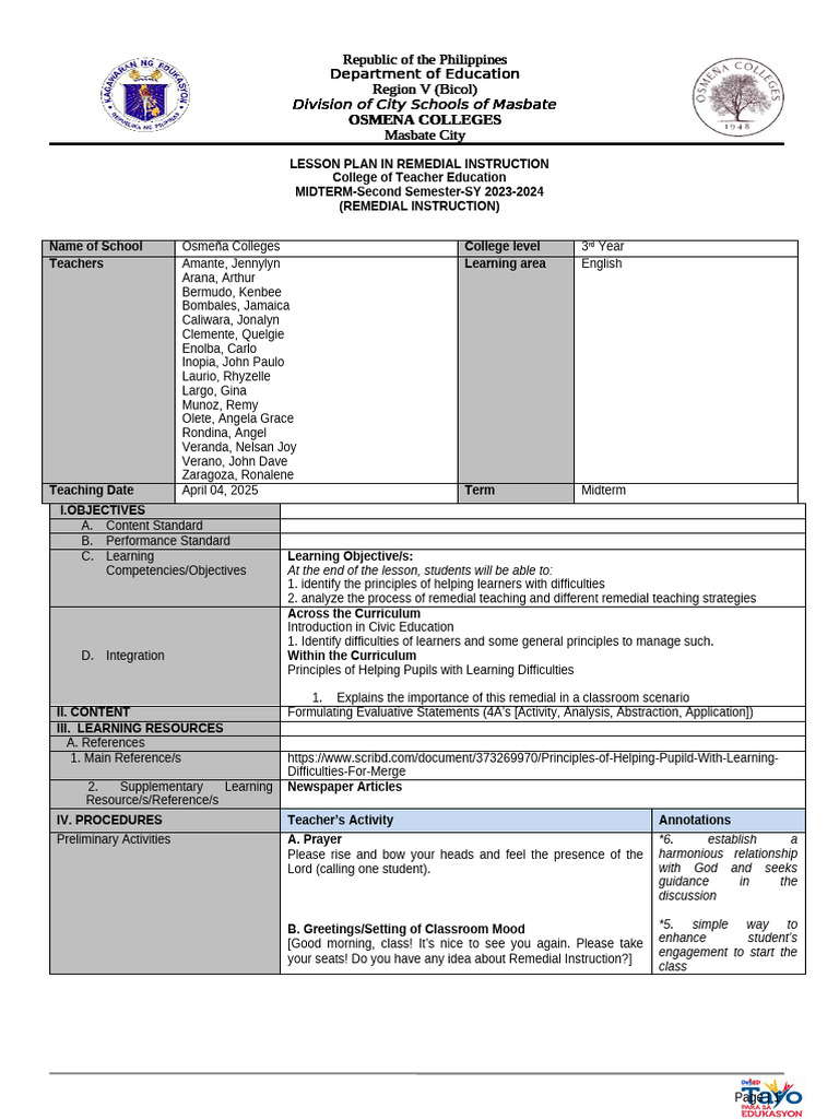 Lesson Plan Remedial Instruction-3 | PDF | Learning | Teachers