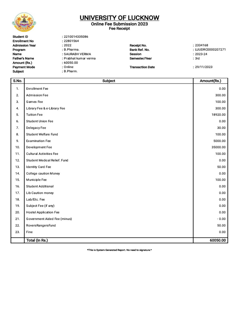 Third Sem Fee Receipt | PDF | Payments | Services (Economics)