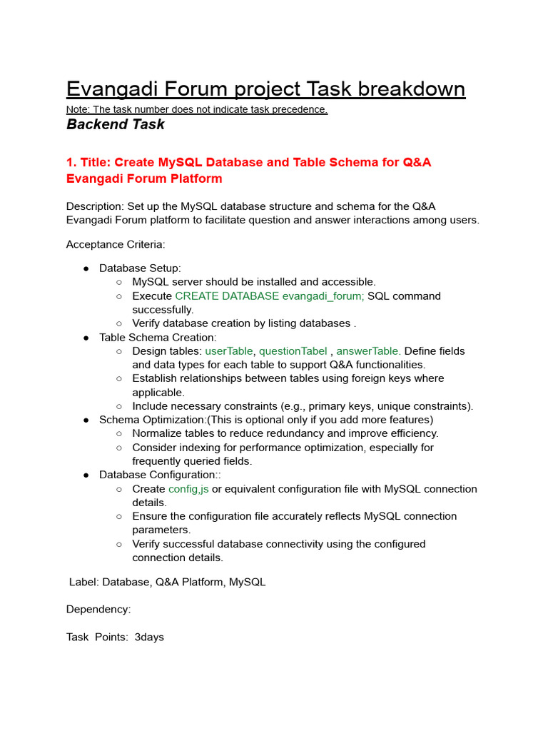 Evangadi Forum API Development Tasks | PDF | Databases | My Sql