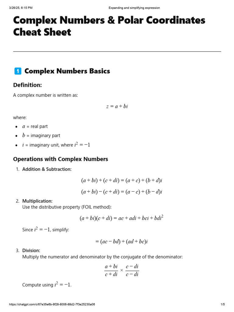 Complex Numbers and Polar Coordinates - Cheat Sheet | PDF | Complex ...