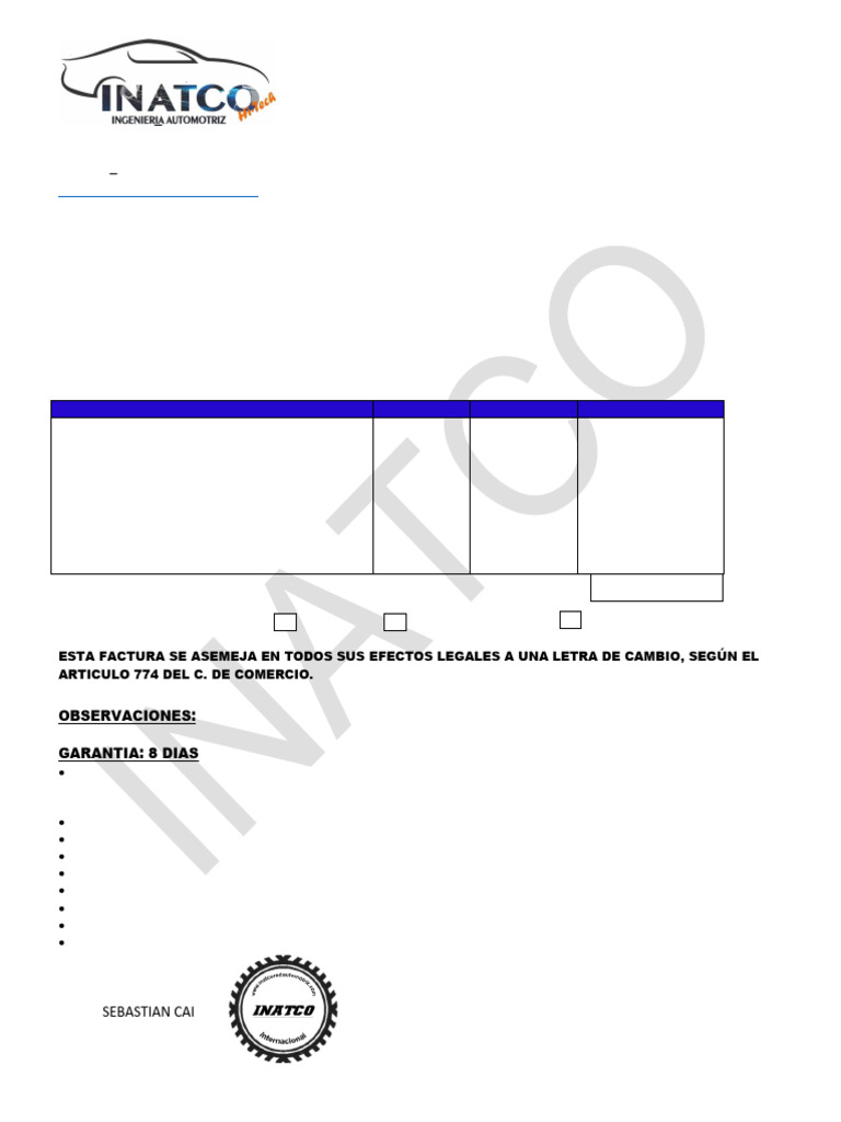 FACTURA INATCO REPUESTOS hector armando paez villamizar sensor oxigendo ...