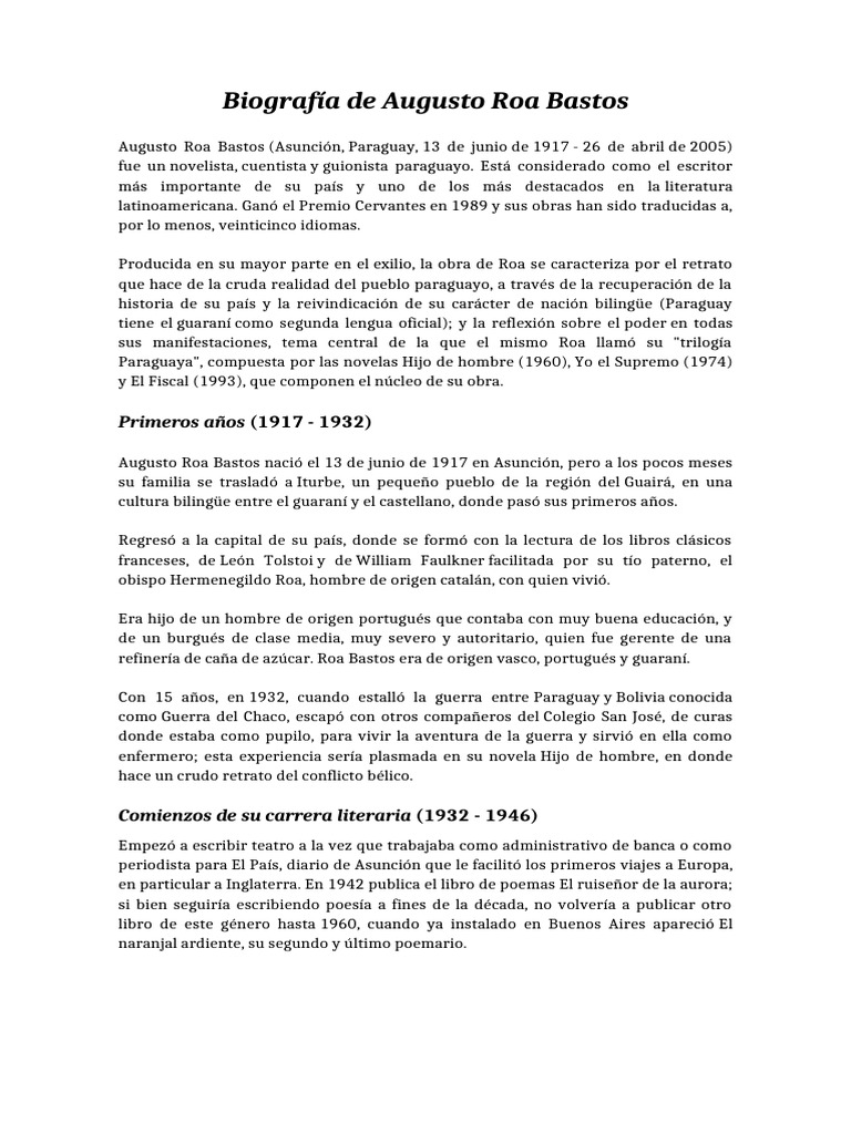 Biografía de Augusto Roa Bastos | PDF
