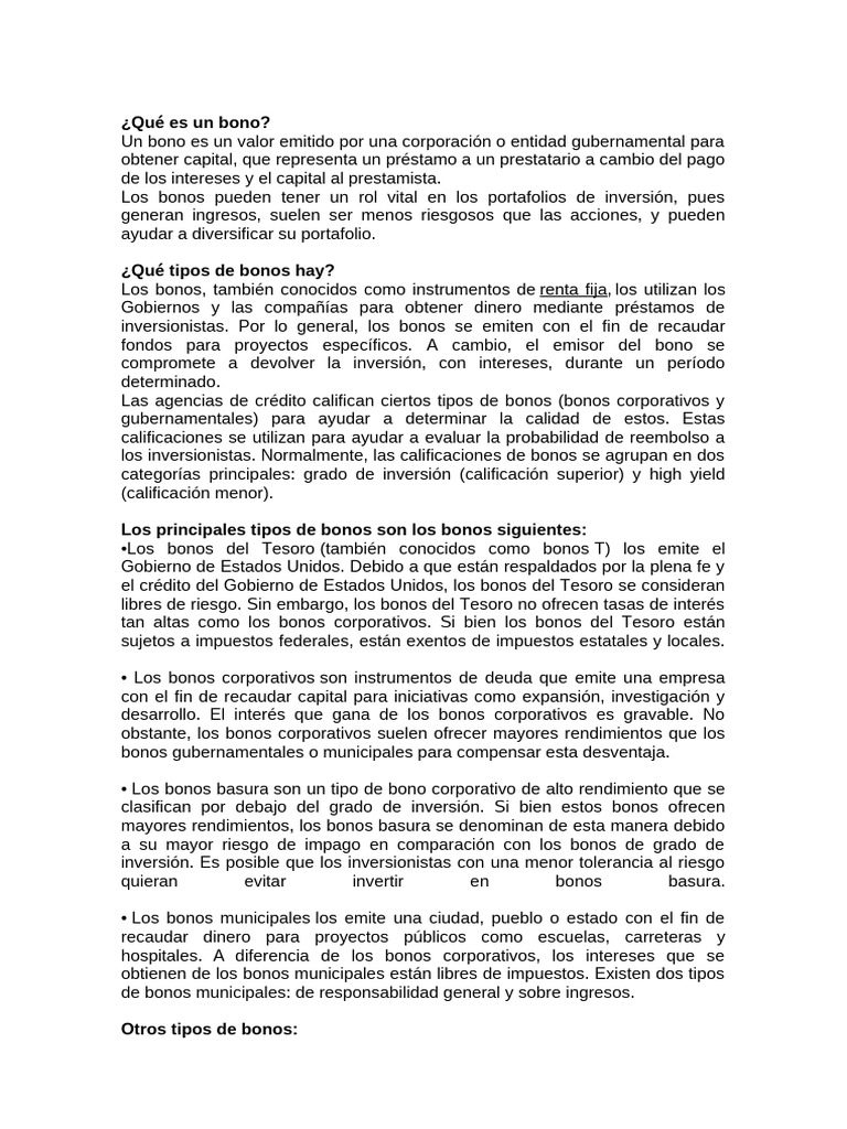 Definición y tipos de bonos financieros | PDF | Bonos corporativos ...