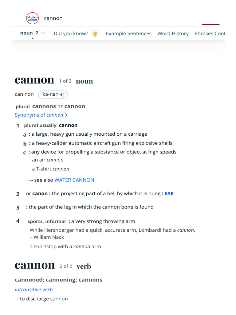 CANNON Definition & Meaning - Merriam-Webster | PDF | Verb | Cannon