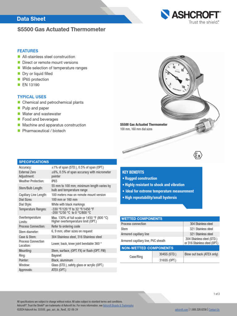 Datasheet ASHCROFT s5500 Gas Actuated Thermometer | PDF | Thermometer | Temperature