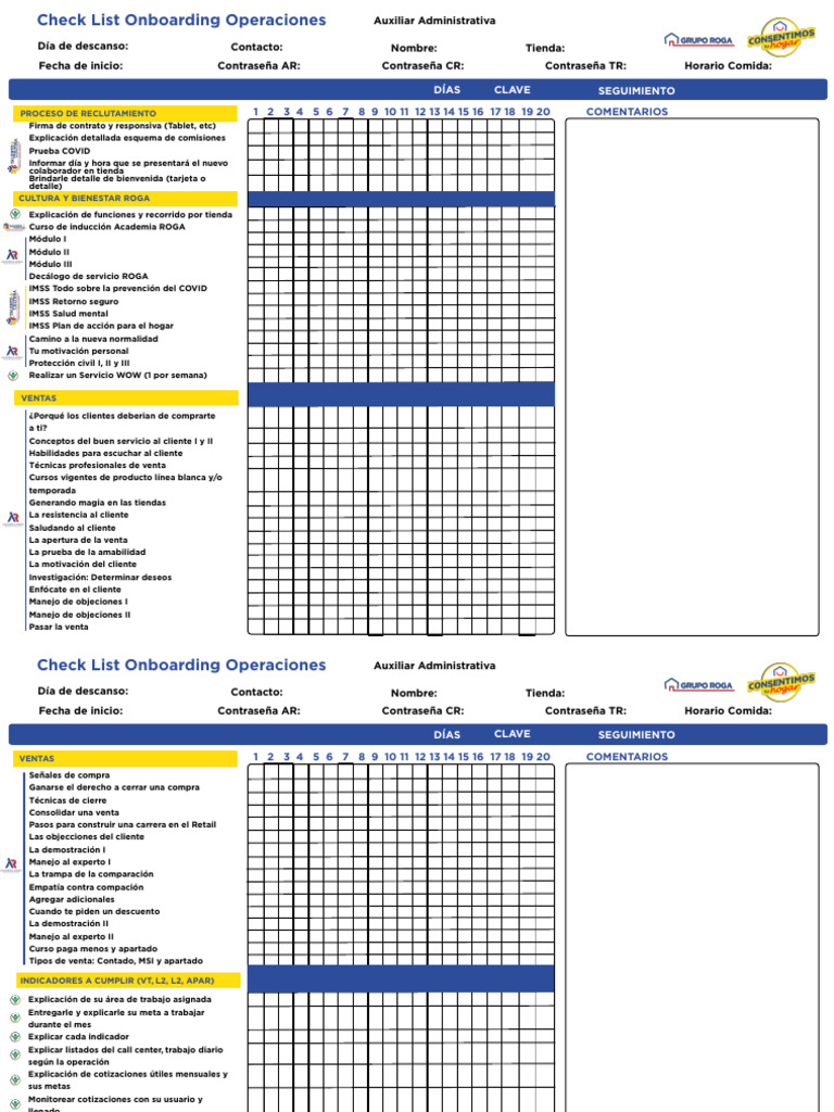 Formato Checklist Oboarding Operaciones v5 Auxiliares 150622 | PDF ...