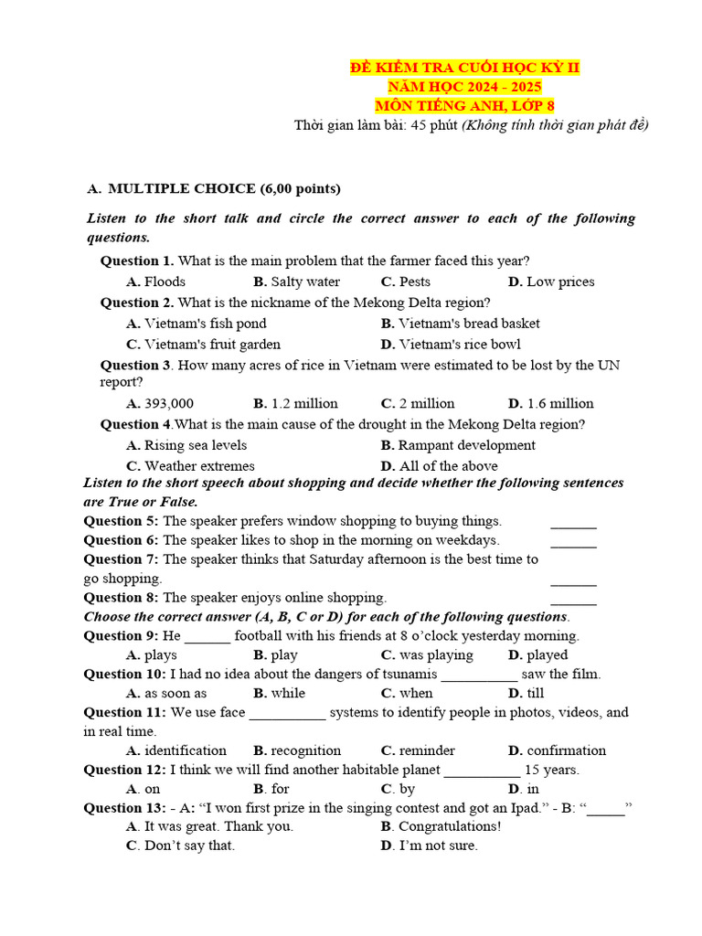 Đề KT Cuối HK2 Ta8 (Chính Thức) | PDF | Online Shopping