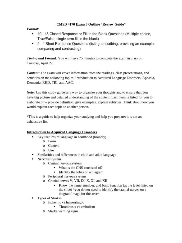 CMSD 4170 Exam 3 Study Review Outline - 2025 | PDF | Aphasia | Traumatic Brain Injury