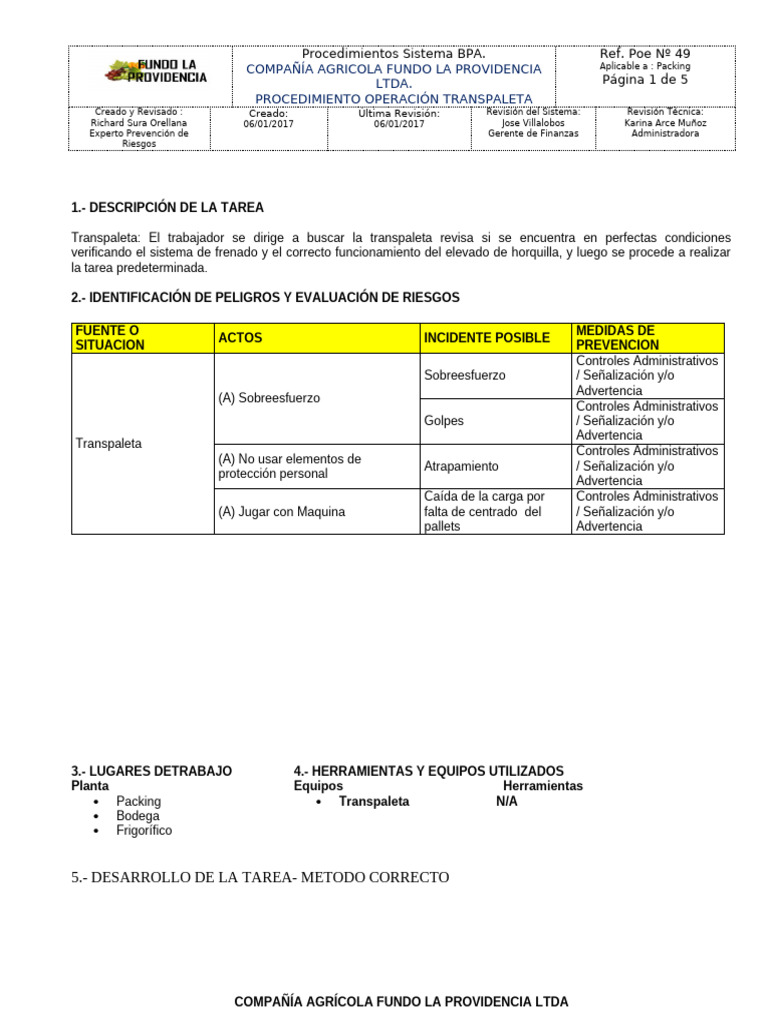 PR-MTC-CA-036 - Método de Trabajo Correcto OPERACION DE TRANSPALETA - VersionMayo2016 | PDF