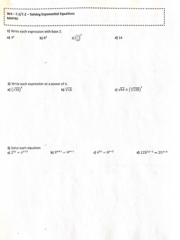 Solving Exponential Equations Worksheet | PDF