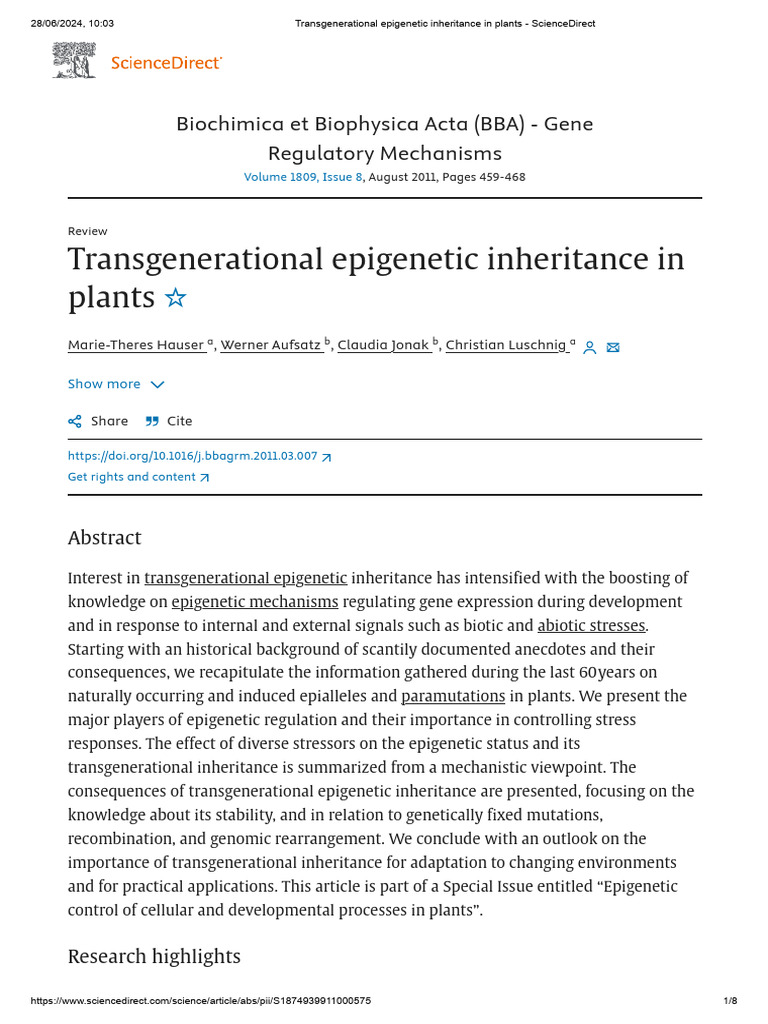 Transgenerational Epigenetic Inheritance in Plants - ScienceDirect ...