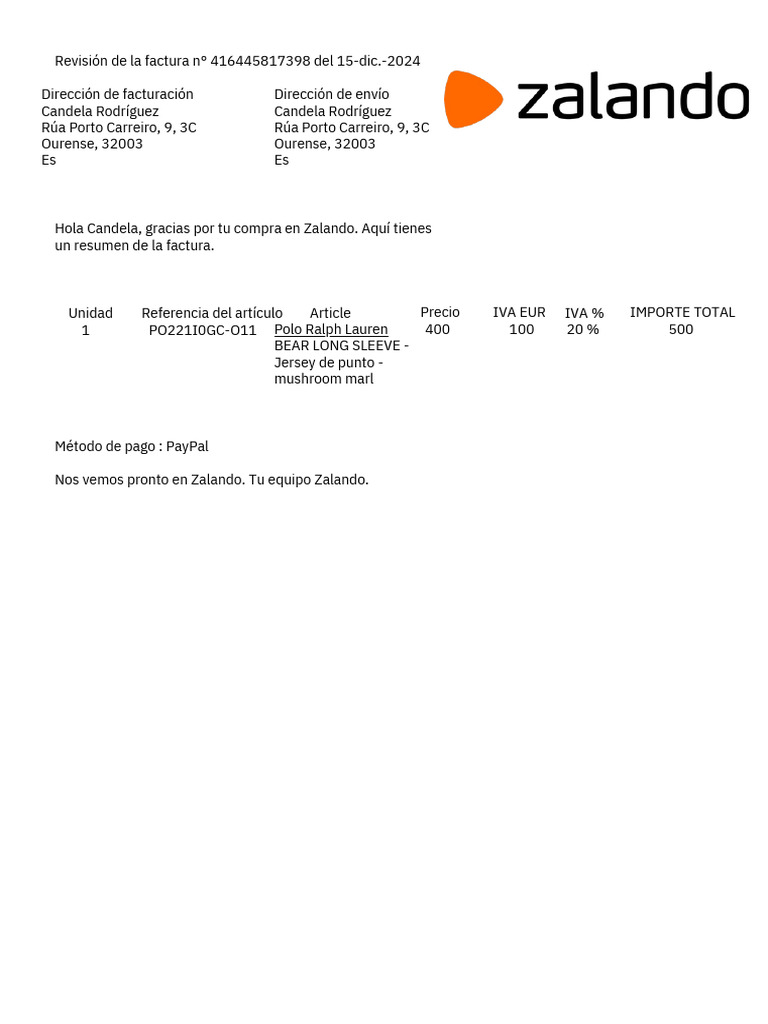 Factura Zalando Oso Ralph | PDF
