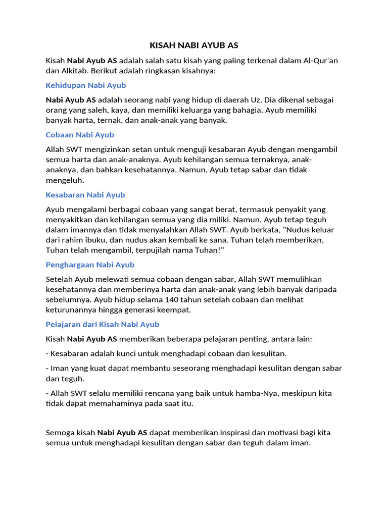 Kisah Nabi Ayub dan Pelajaran Kesabaran | PDF