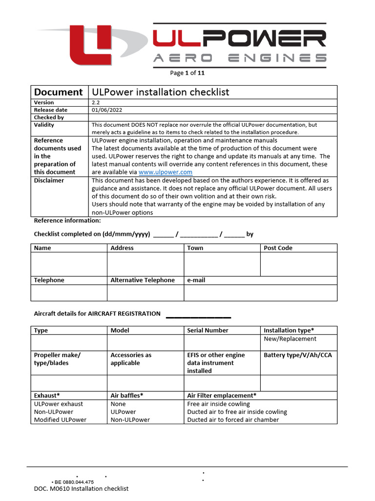 Installation Checklist v2.2 | PDF | Ignition System | Pump