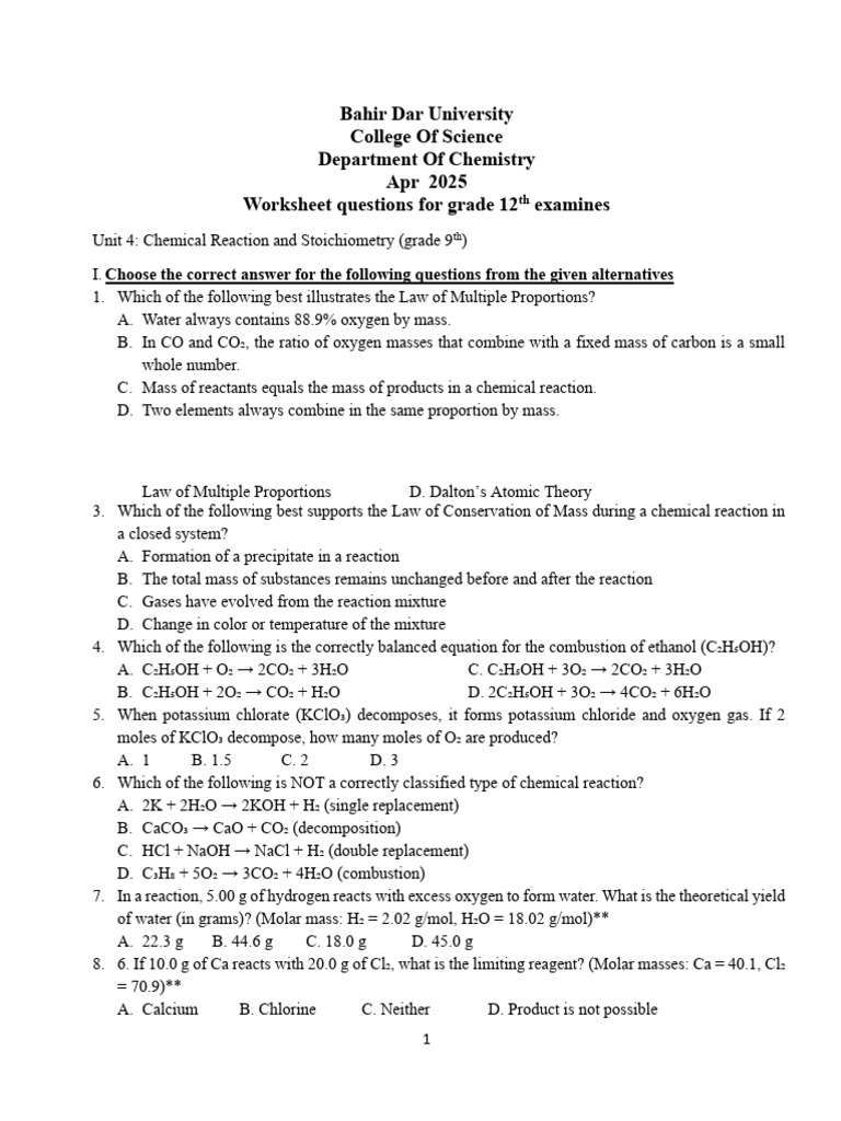 Grade 12 Chemistry Worksheet: Reactions | PDF | Stoichiometry ...
