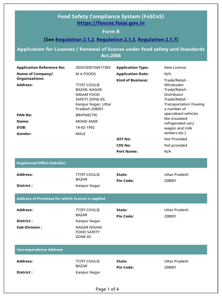 FORM SUBMITTED FOOD LICENSE | PDF