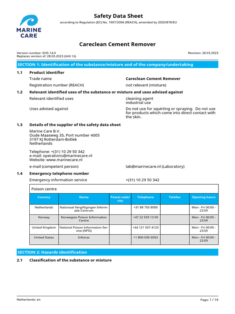 Careclean Cement Remover MSDS | PDF | Working Conditions | Safety