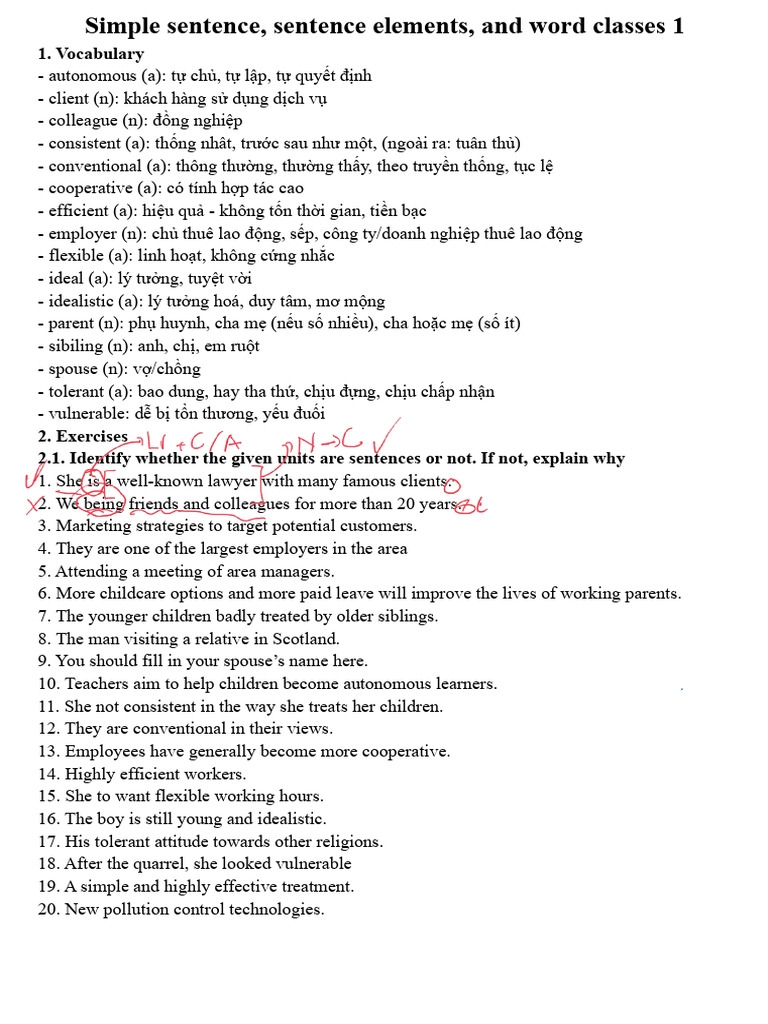 Simple Sentence, Sentence Elements, and Word Classes 1 | PDF