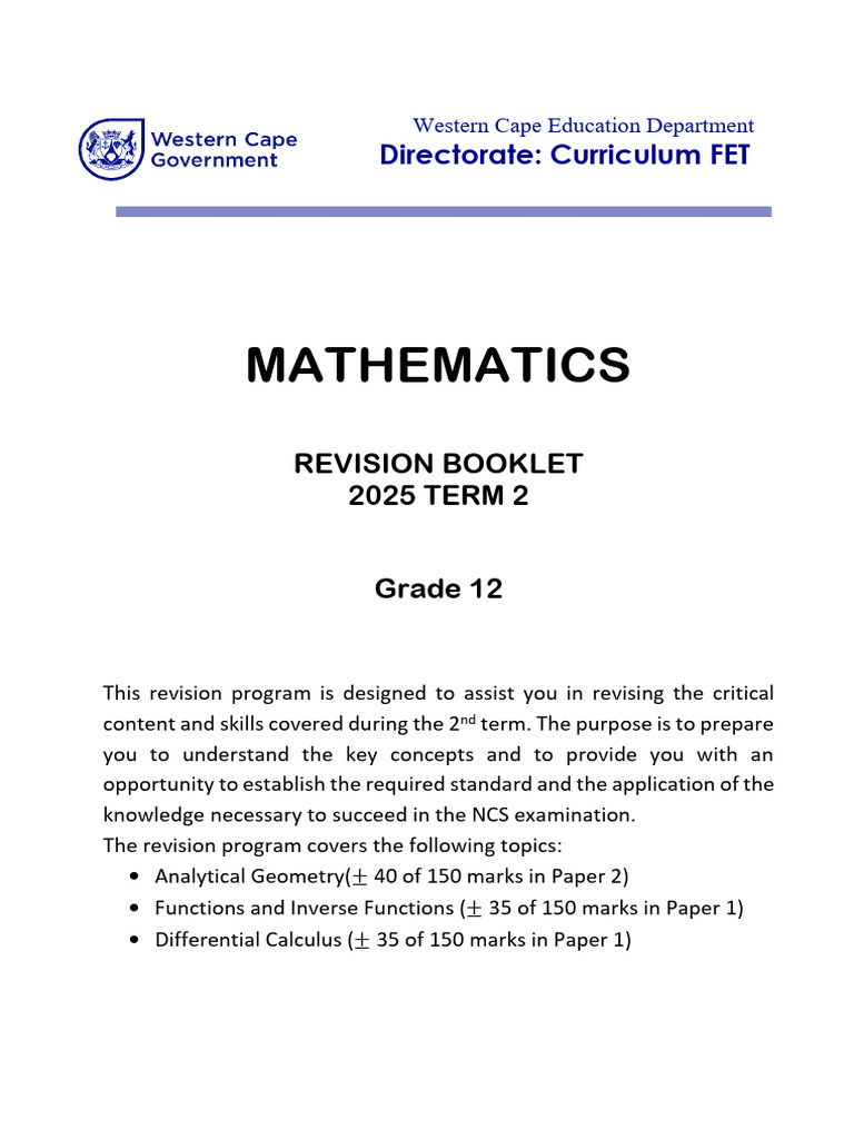 Grade 12 Mathematics Revision 2025 Term 2 | PDF | Function (Mathematics ...