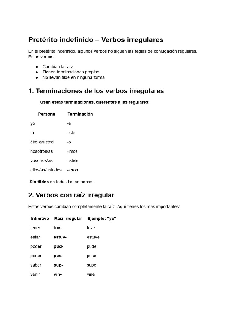 Pretérito Indefinido Verbos Irregulares | PDF | Verbo | Conjugación ...