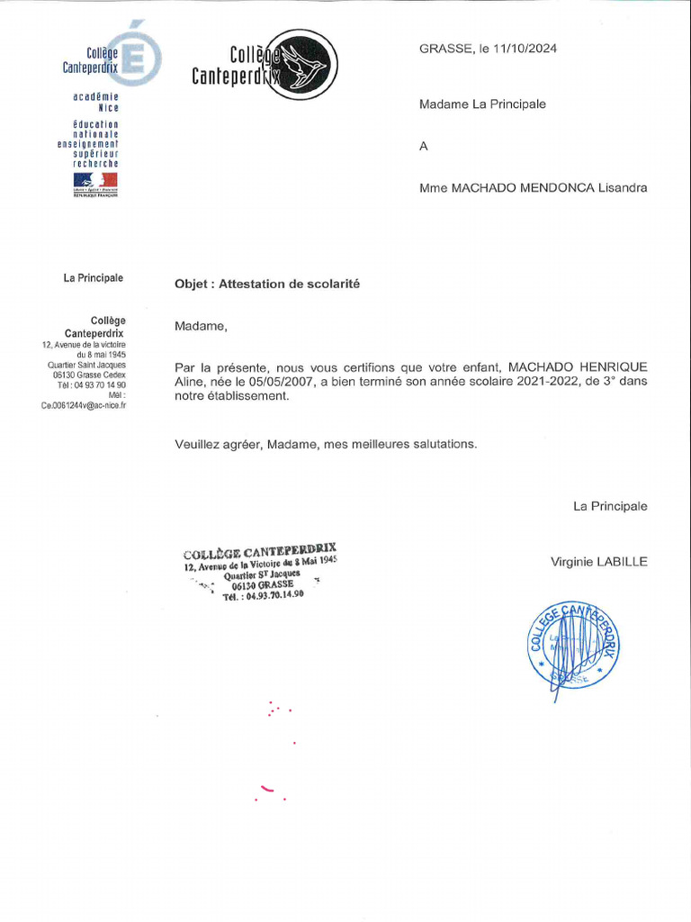 Attestation de scolaritÃ© 3Â°- MACHADO HENRIQUE Aline | PDF