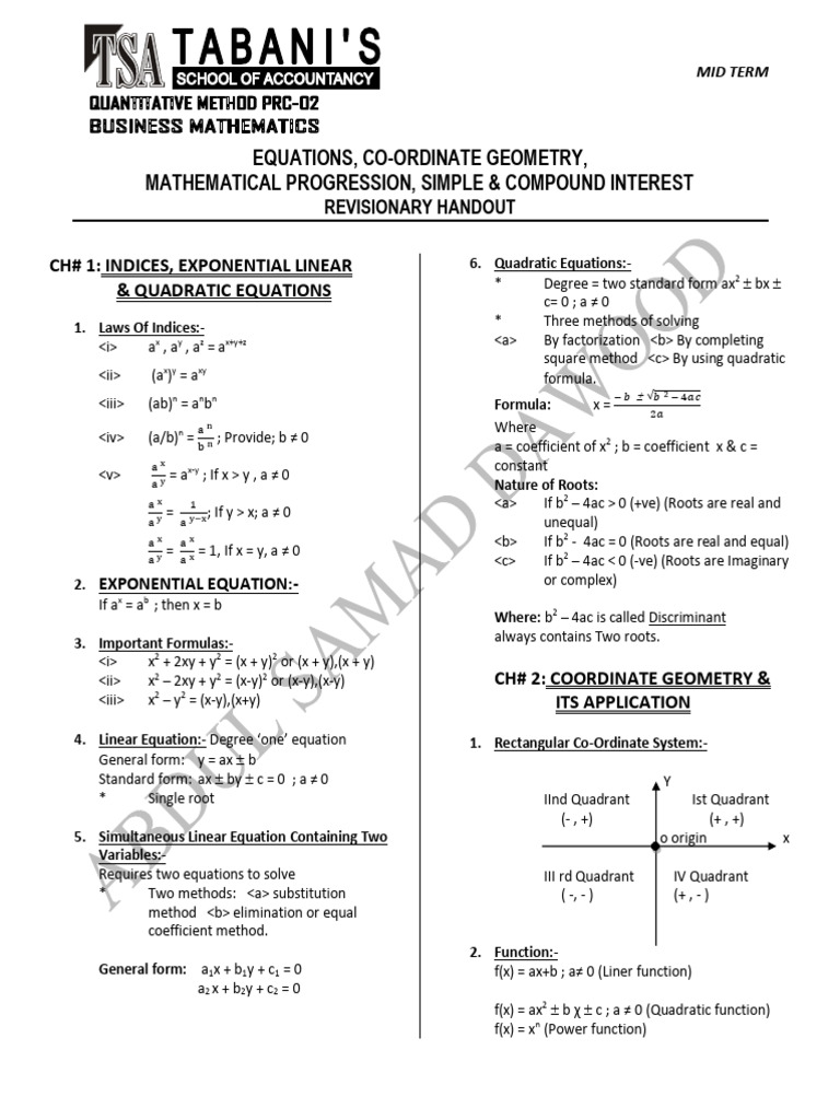 Revisionary Handout For Midterm | PDF | Quadratic Equation | Equations