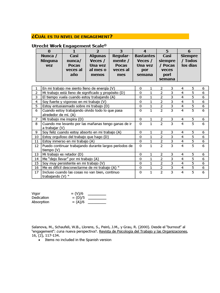 Cuestionario de Engagement Laboral y Académico | PDF