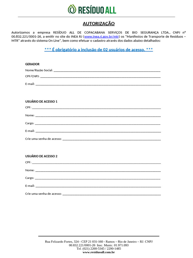 Autorização Emissão de Manifestos On Line Inea RJ | PDF