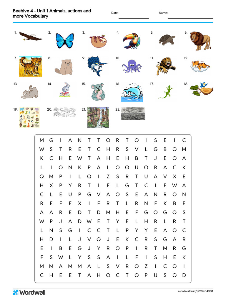 Beehive 4 Unit 1 Animals Actions and More Vocabulary Wordsearch | PDF
