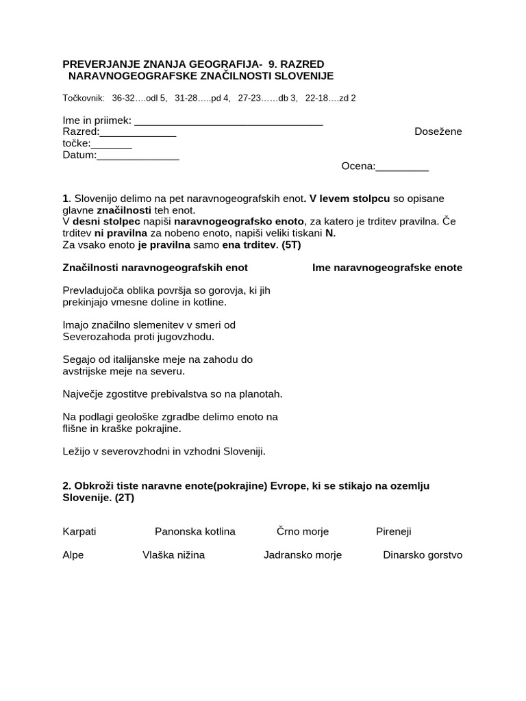 PREVERJANJE ZNANJA GEOGRAFIJA 9r | PDF