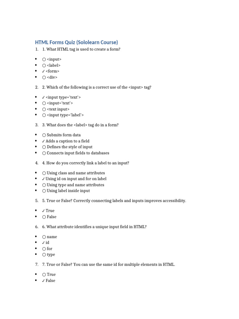 HTML Forms Quiz Overview | PDF | Html | Computer Science