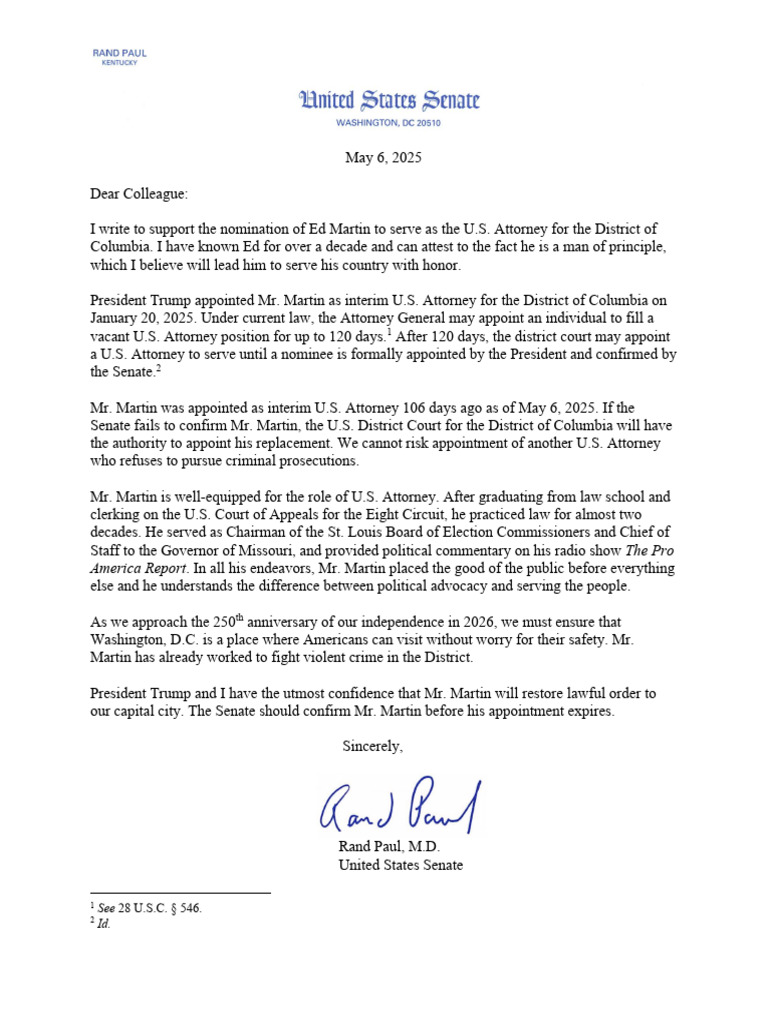 Letter From Sen. Rand Paul To Senate Colleagues | PDF