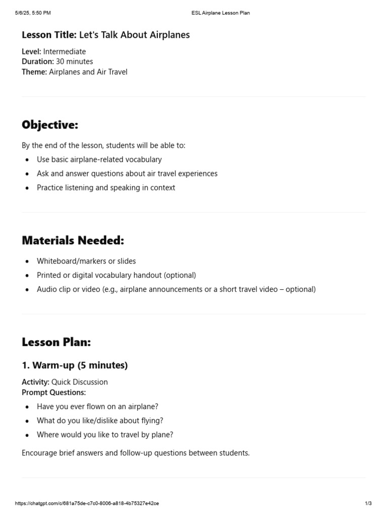 ESL Airplane Lesson Plan | PDF | Vocabulary | Lesson Plan