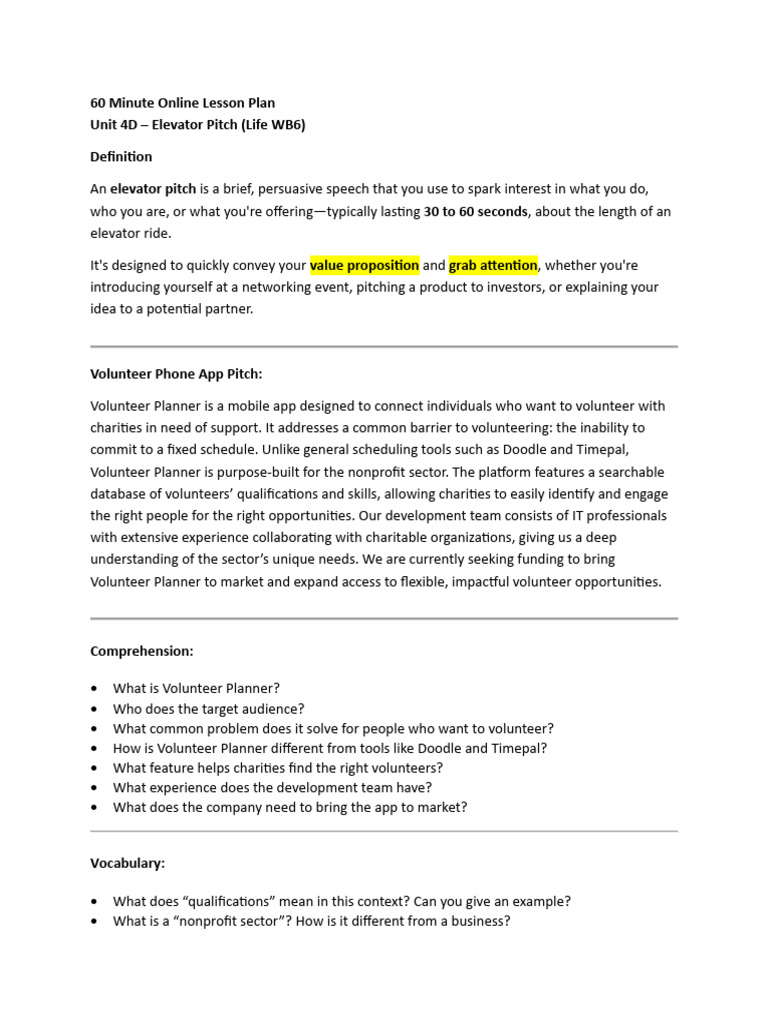 Lesson Plan - National Geographic Life WB6, Unit 4D - Elevator Pitch | PDF
