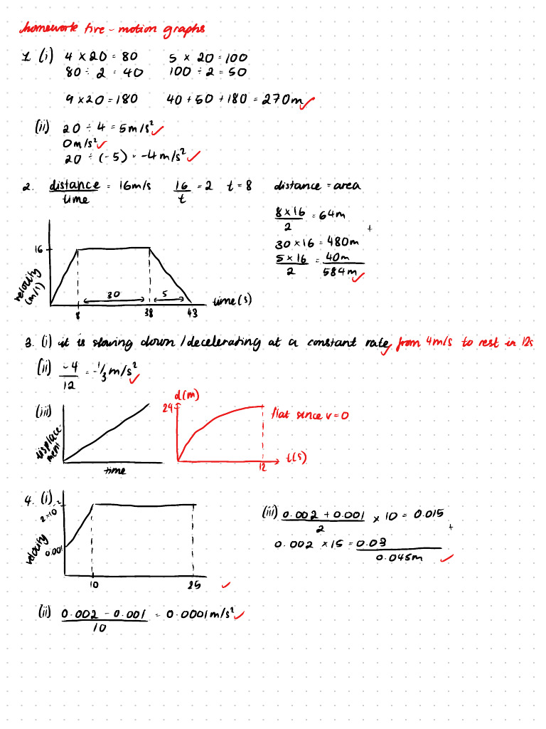 Year 1 Mathematics Homework 5 Motion Graphs | PDF