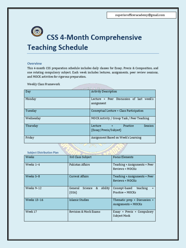 CSS 4 Month Teaching Schedule | PDF