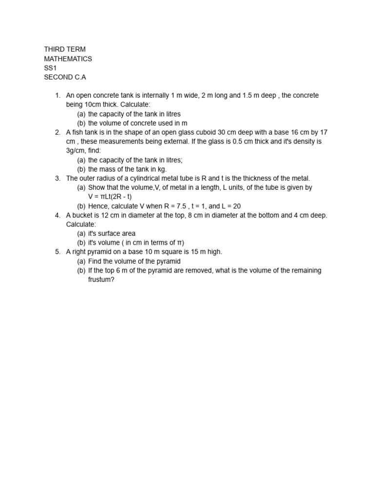 SS1 Mathematics Second C.A | PDF