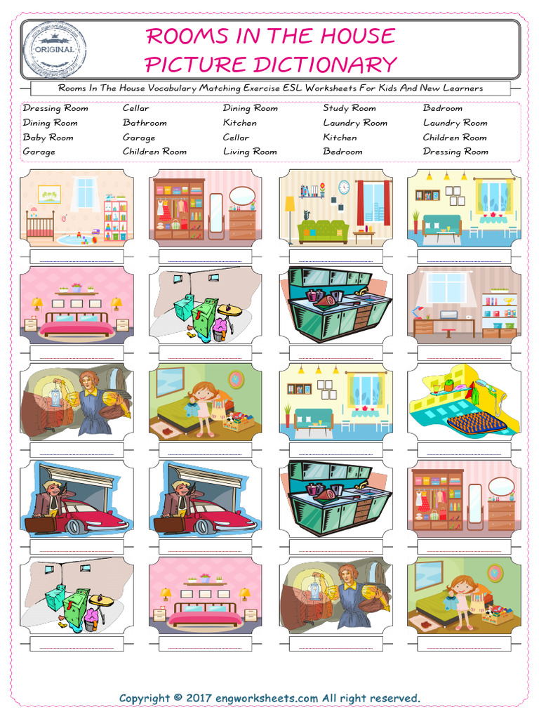 Rooms in The House Vocabulary Matching Exercise ESL Worksheets For Kids ...