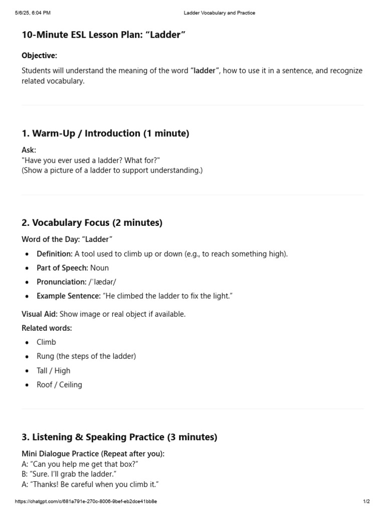 Ladder Vocabulary and Practice | PDF