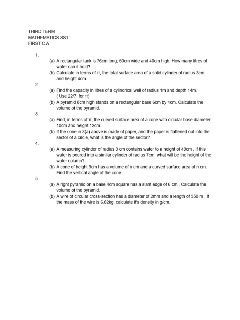 Mathematics SS1 First C.A | PDF
