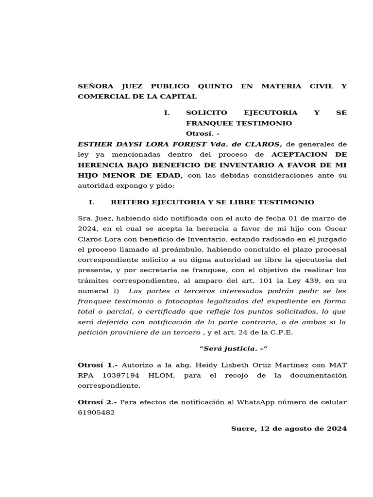 MEMORIAL- ESTHER DAYSI LORA FOREST Vda. de CLAROS | PDF