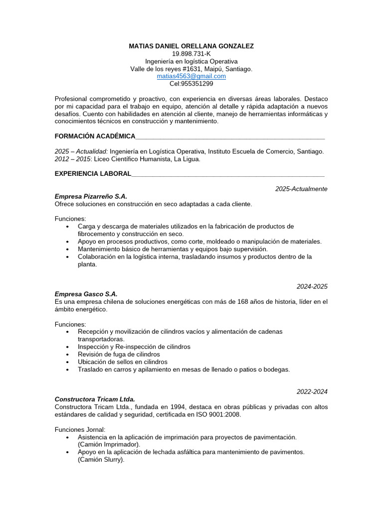 CV Matias Orellana | PDF | Logística