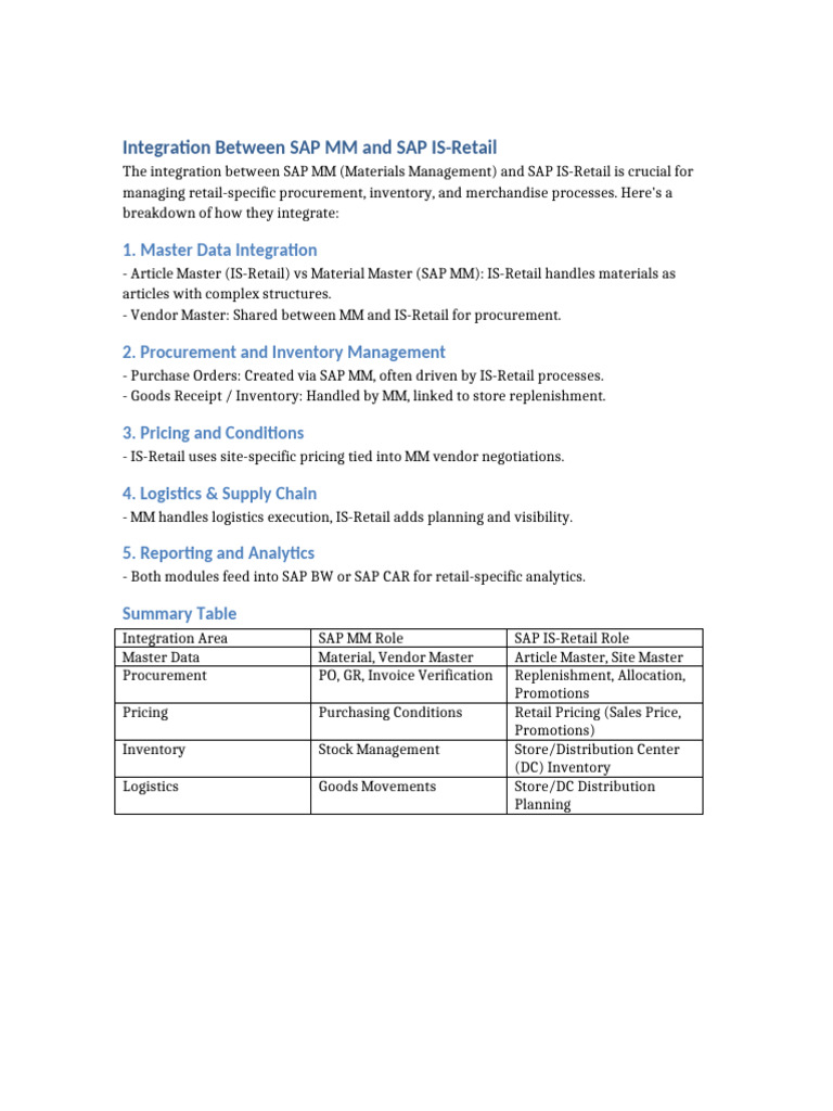 SAP MM and IS-Retail Integration Guide | PDF
