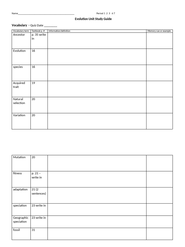 Study Guide Vocab and Questions 2025 | PDF | Natural Selection | Evolution
