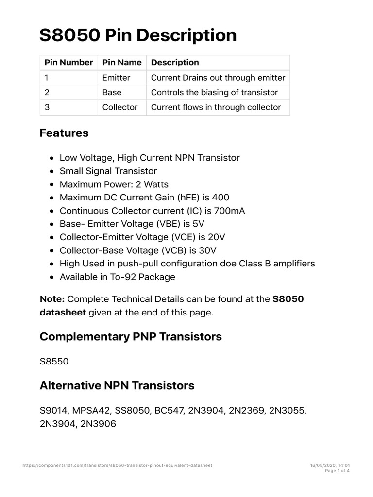 S8050 Transistor Pinout Features Equivalent Circuit Datasheet | PDF | Bipolar Junction ...