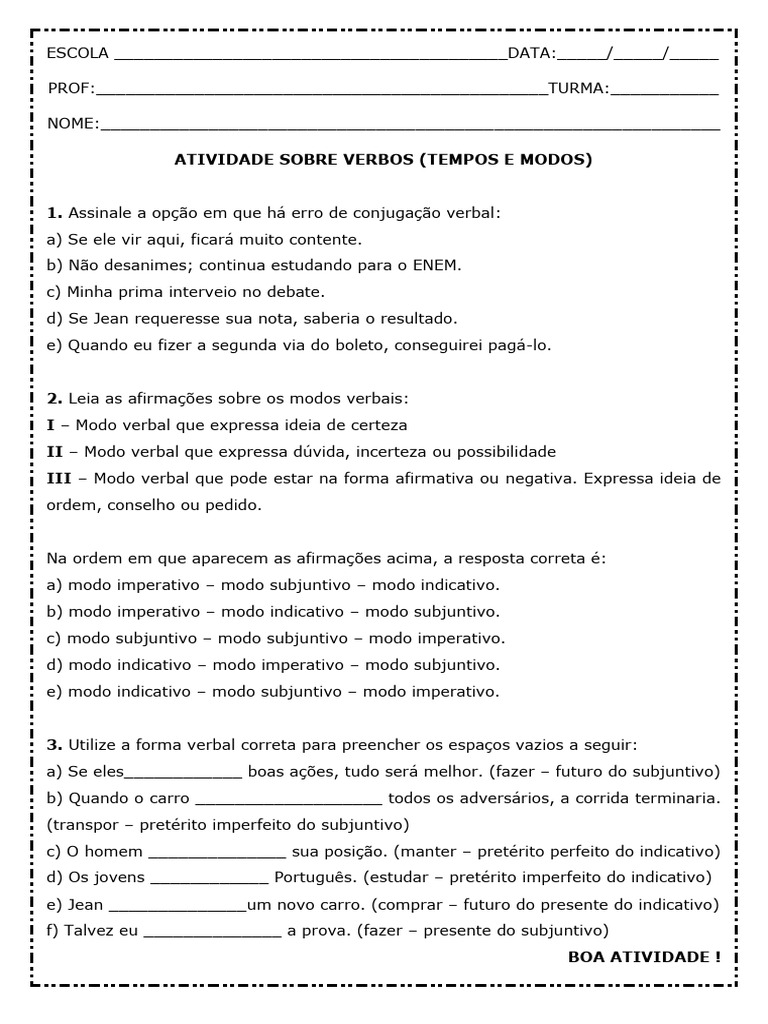 Atividade de Português Verbos Tempos e Modos 2 º Ano Do Ensino Médio Pronta para Imprimir | PDF