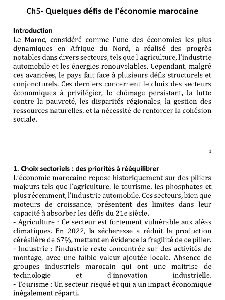 Ch5-Quelques Dã©fis de L'ã©conomie Marocaine | PDF | Maroc | Économie