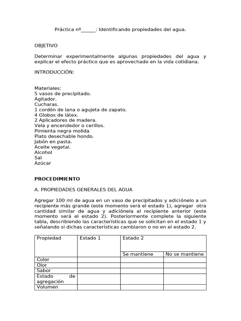 Práctica - Propiedades Del Agua | PDF | Agua | Líquidos