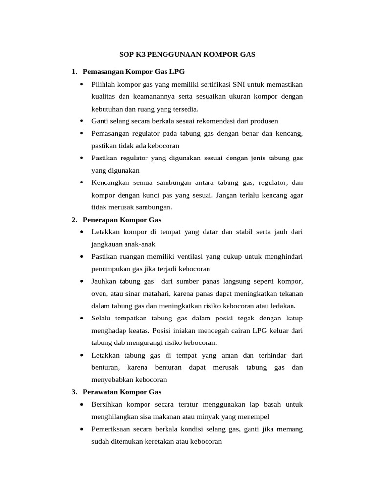 Sop K3 Penggunaan Kompor Gas | PDF